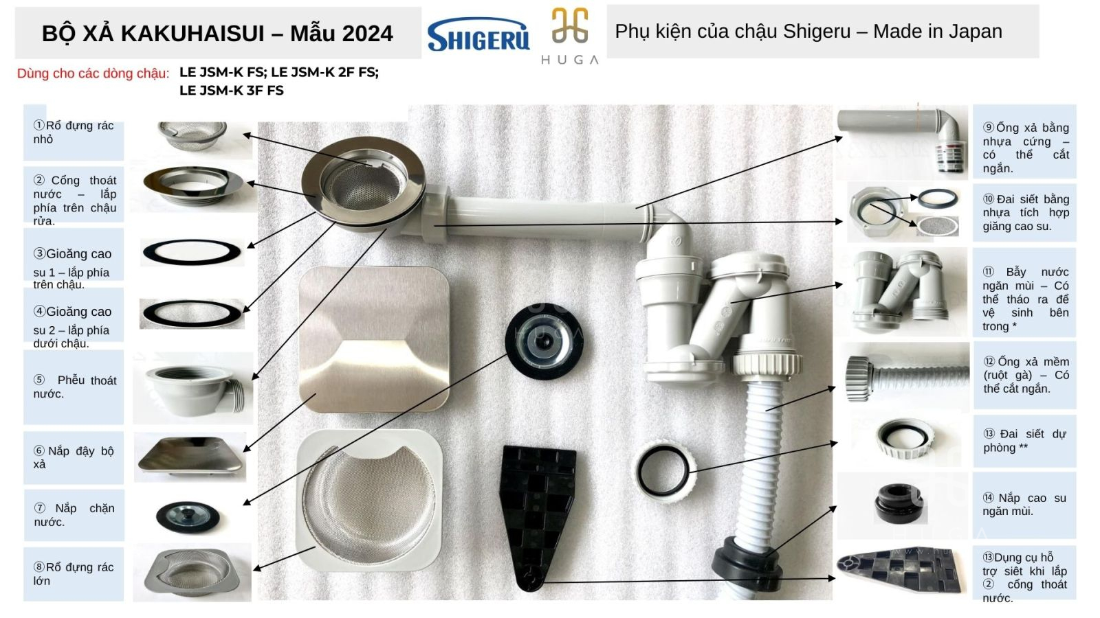 Chậu rửa chén 1 hố nhật bản Shigeru hạt sần LE JSM-K 3F FS bộ xả đúc liền khối - HUGA